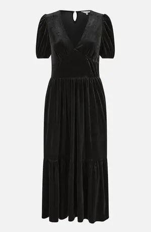 YUMI Velvet Midi Dress With V-neckline And Tiered Skirt - Black