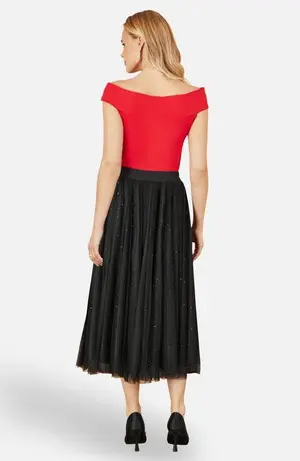 YUMI Sparkle Mesh Tulle Midi Skirt