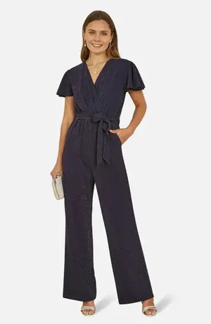 YUMI Sparkle Stretch Wrap Over Jumpsuit - Navy