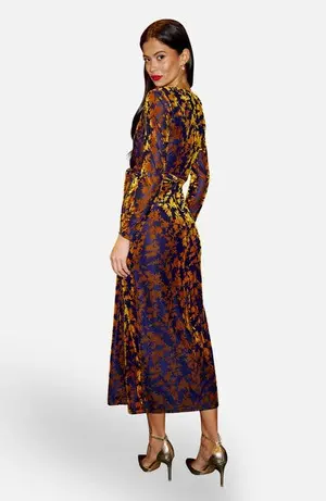 YUMI Velour Stretch Midi Wrap Dress - Gold
