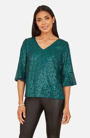 YUMI Fluted Sleeve Sequin Top - Green