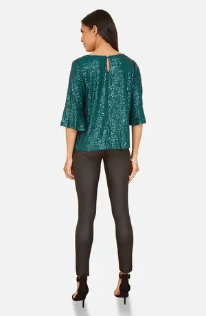 YUMI Fluted Sleeve Sequin Top - Green