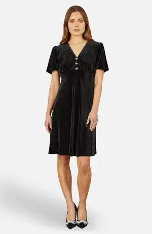 YUMI Velvet Diamante Detail Skater Dress - Black
