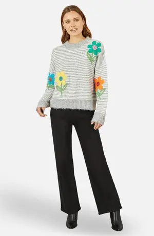 YUMI Striped Floral Applique Sweater