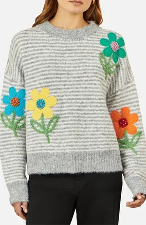 YUMI Striped Floral Applique Sweater