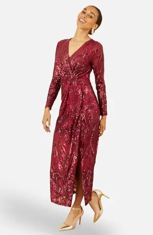 YUMI Sequin Long Sleeve Wrap Midi Dress - Burgundy