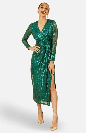 YUMI Sequin Long Sleeve Wrap Midi Dress - Green