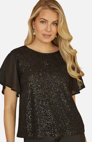 YUMI Sheer Short Sleeve Sequin Top - Black
