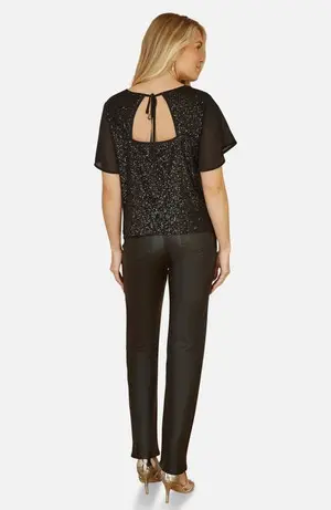 YUMI Sequin Embellished Sheer Sleeve Top - Black
