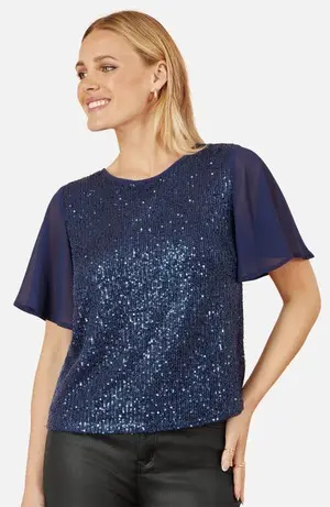 YUMI Sequin Embellished Sheer Sleeve Top - Navy