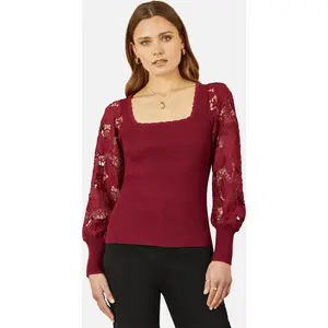 YUMI Ribbed Knitted Lace Sleeve Top - Burgundy