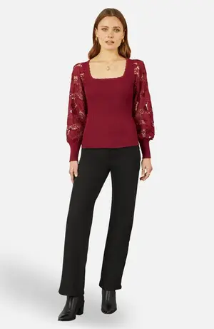 YUMI Ribbed Knitted Lace Sleeve Top - Burgundy