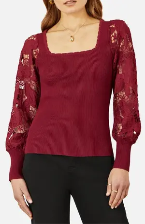 YUMI Ribbed Knitted Lace Sleeve Top - Burgundy