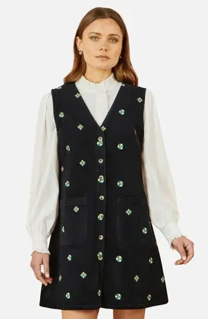 YUMI Embroidered Button Up Cord Pinafore Dress