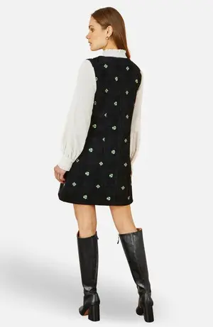 YUMI Embroidered Button Up Cord Pinafore Dress