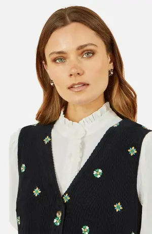 YUMI Embroidered Button Up Cord Pinafore Dress