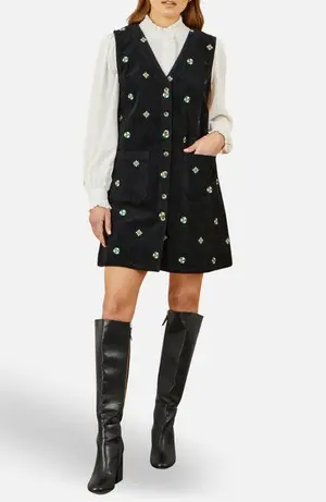 YUMI Embroidered Button Up Cord Pinafore Dress