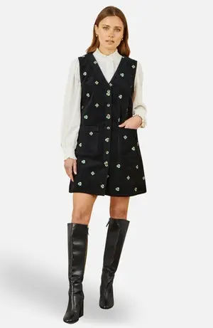 YUMI Embroidered Button Up Cord Pinafore Dress - Black