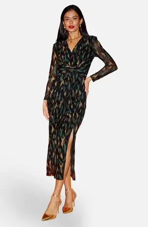 YUMI Metallic Sparkle Mesh Wrap Midi Dress