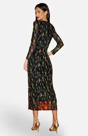 YUMI Metallic Sparkle Mesh Wrap Midi Dress