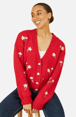 YUMI Hand Embroidered Chunky Knit Cardigan