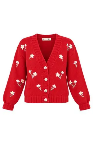 YUMI Hand Embroidered Chunky Knit Cardigan - Red