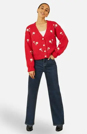YUMI Hand Embroidered Chunky Knit Cardigan - Red
