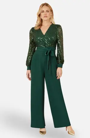 YUMI Sequin Wrap Over Jumpsuit - Green
