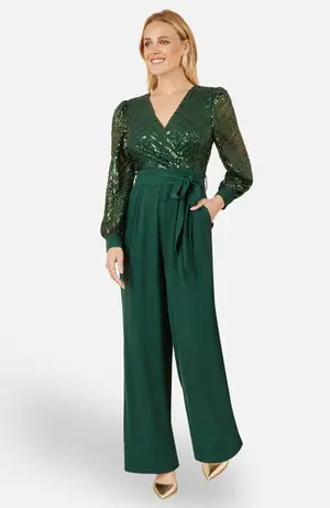YUMI Sequin Wrap Over Jumpsuit - Green