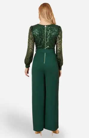 YUMI Sequin Wrap Over Jumpsuit - Green