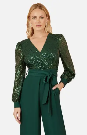YUMI Sequin Wrap Over Jumpsuit - Green