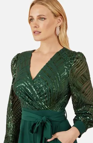 YUMI Sequin Wrap Over Jumpsuit - Green