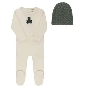 ELY'S & CO. Velour Plaid Bear Footie And Beanie Set - Ivory/blue