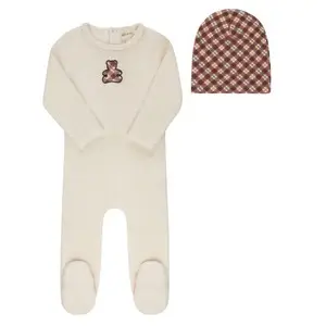 ELY'S & CO. Velour Plaid Bear Footie And Beanie Set - Ivory/pink