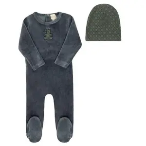 ELY'S & CO. Velour Plaid Bear Footie And Beanie Set - Navy