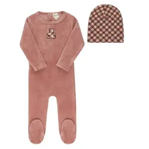 ELY'S & CO. Velour Plaid Bear Footie And Beanie Set - Pink