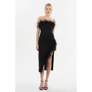 LAMARQUE Strapless Midi Dress With Feathers