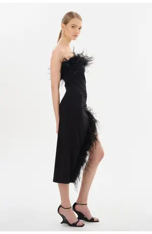 LAMARQUE Strapless Midi Dress With Feathers