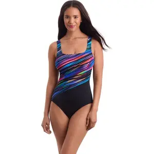 SHAPESOLVER SPORT Scoopneck One-piece Swimsuit - Multi Wave Power