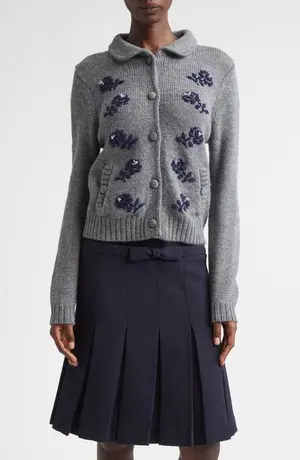 SHUSHU/TONG Beaded Floral Wool Cardigan - Grey