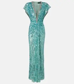 Jenny Packham Lacie Gathered Embellished Gown - Blue