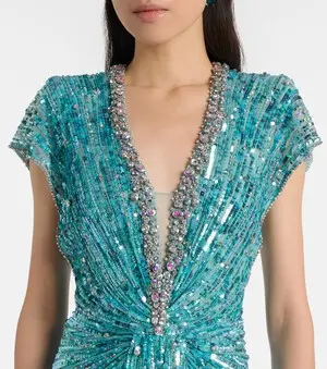 Jenny Packham Lacie Gathered Embellished Gown - Blue