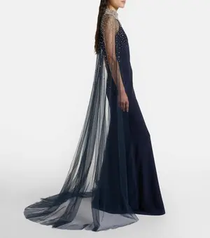 Jenny Packham Zadie Caped Embellished Gown - Blue