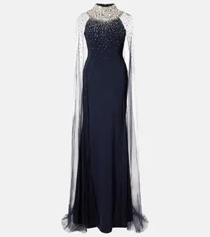 Jenny Packham Zadie Caped Embellished Gown - Blue