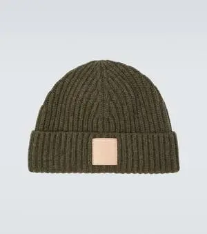 Loewe Logo Ribbed Cashmere Beanie - Green