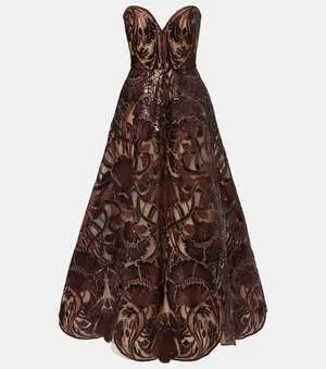 Elie Saab Floral Sequined Strapless Gown - Brown