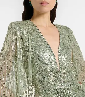 Jenny Packham Carrie Caped Embellished Gown - Green