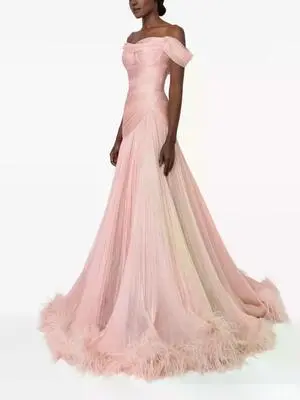 IRIS SERBAN Petal Off-shoulder Feathered Maxi Dress - Pink