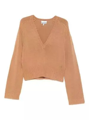 GANNI V-neck Logo Knitwear - Brown