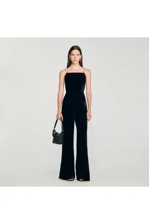 Sandro Velvet Jumpsuit With Jewel Straps - Black